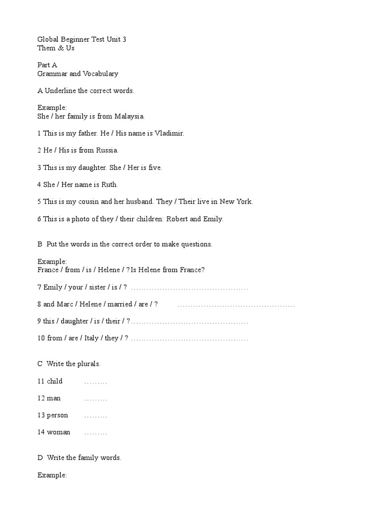 Global Beginner Test Unit 3 | PDF | Linguistics | Communication
