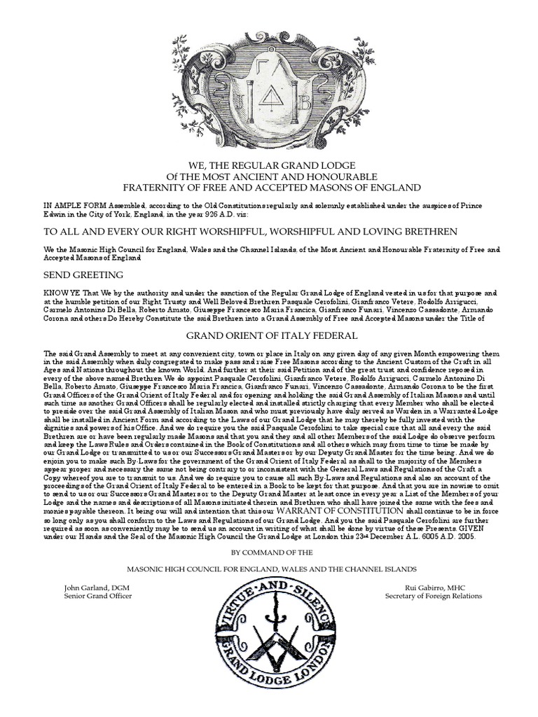 Warrant For Italy GOIF | PDF | Freemasonry | Masonic Lodge