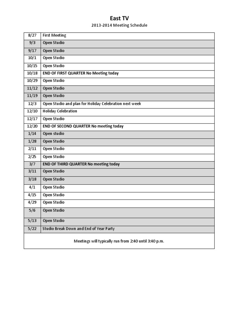 East TV 2013 2014 Meeting Calendar | PDF