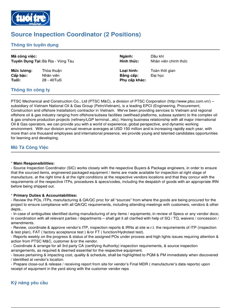 Source Inspection Coordinator Positions | PDF | Offshore Drilling ...