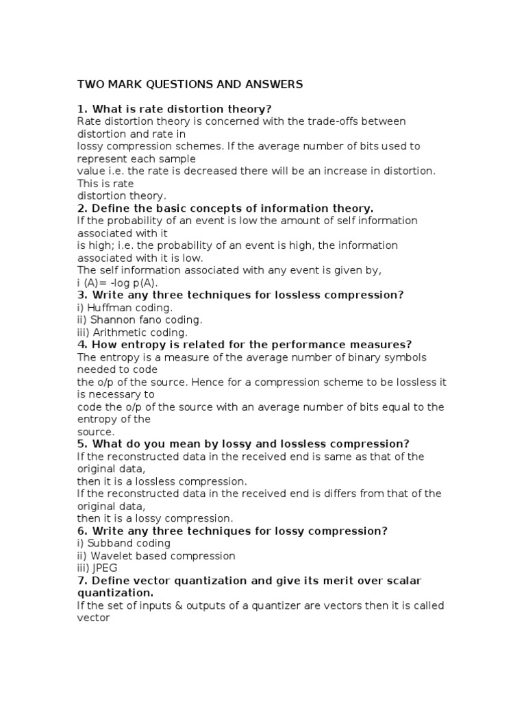 Two Mark Questions and Answers | PDF | Data Compression | Sampling ...