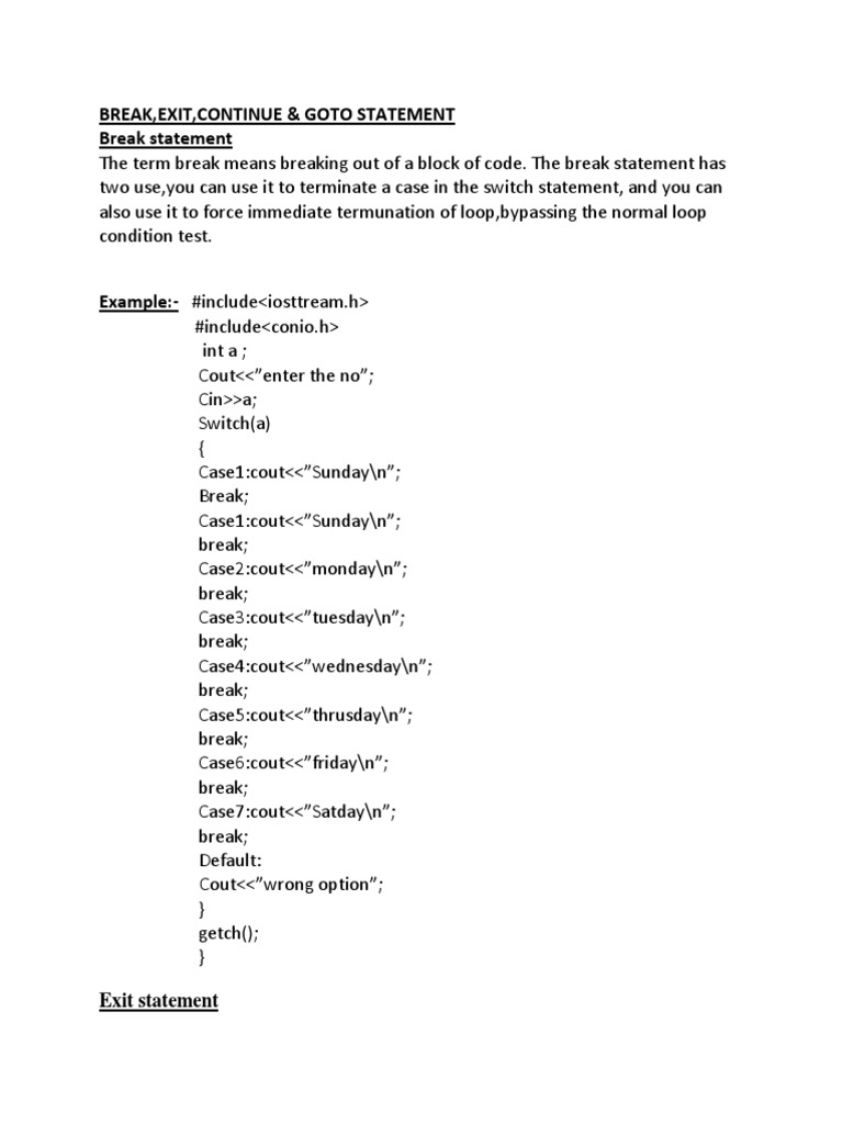 Break, Exit, Continue & Goto Statement Break Statement | PDF | Control Flow | Notation