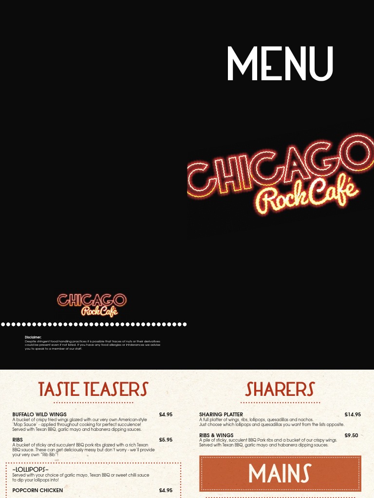 Chicago Rock Café Yeovil Food Menu | PDF | Salad | Hamburgers