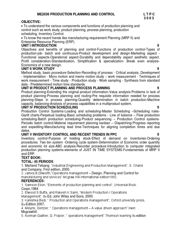 Production Planning and Control Syllabus | PDF | Operations Management ...
