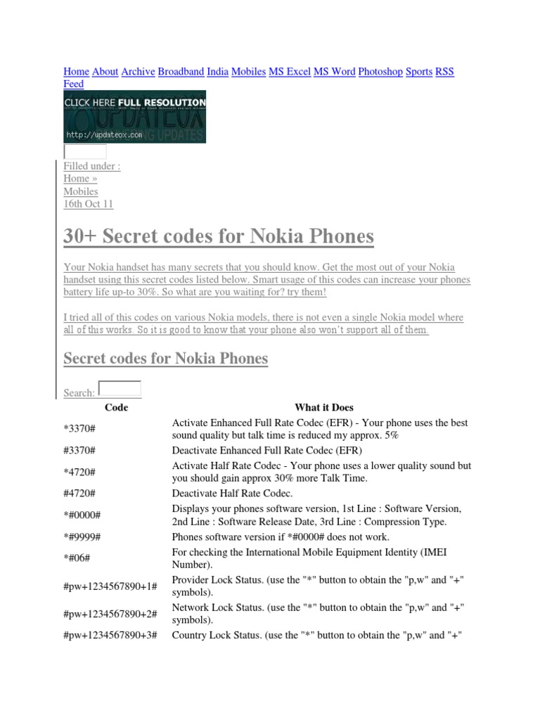 Secret Codes For Nokia Phones | Download Free PDF | Mobile Technology ...