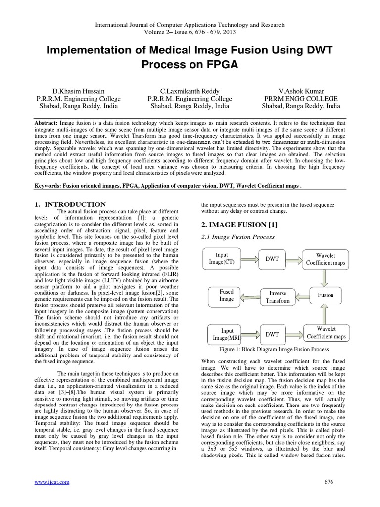 Implementation Of Medical Image Fusion Using Dwt Process On Fpga Pdf Wavelet Computer Vision