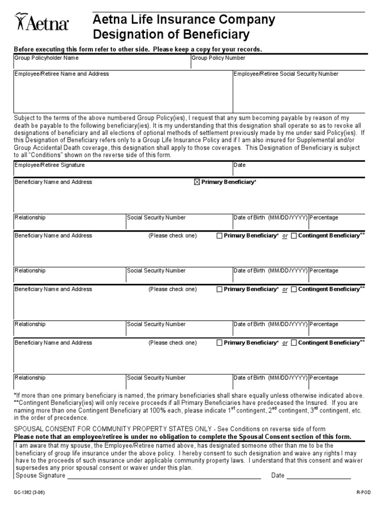 Aetna Beneficiary Form | Social Security (United States) | Insurance