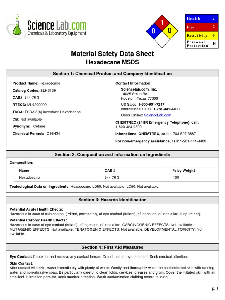 Msds Hexadecane | PDF | Toxicity | Personal Protective Equipment