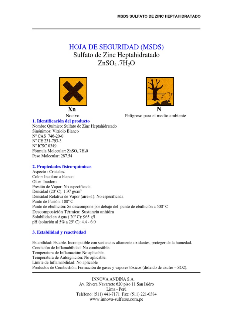 MSDS_Sulfato_de_Zinc.pdf | Toxicidad | Contaminación | Prueba gratuita ...