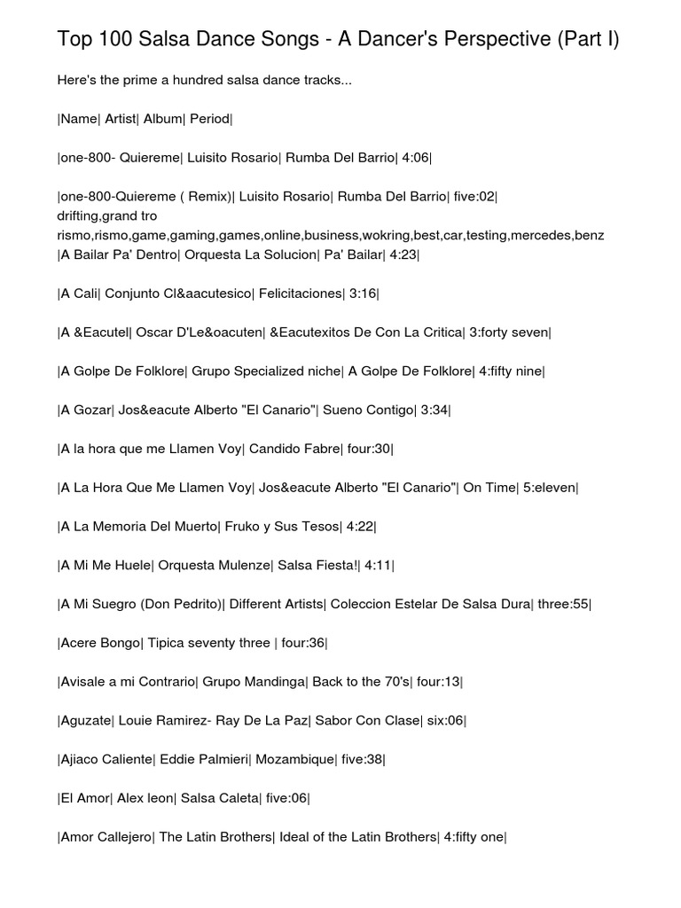 Top 100 Salsa Dance Songs - A Dancer's Perspective (Part I) | PDF ...