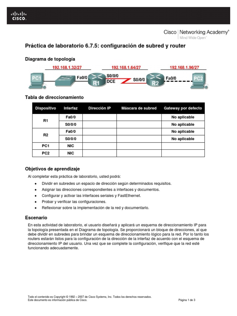 Práctica de laboratorio 6.7.5_Configuración de subred y router | PDF | Dirección IP | Enrutador ...