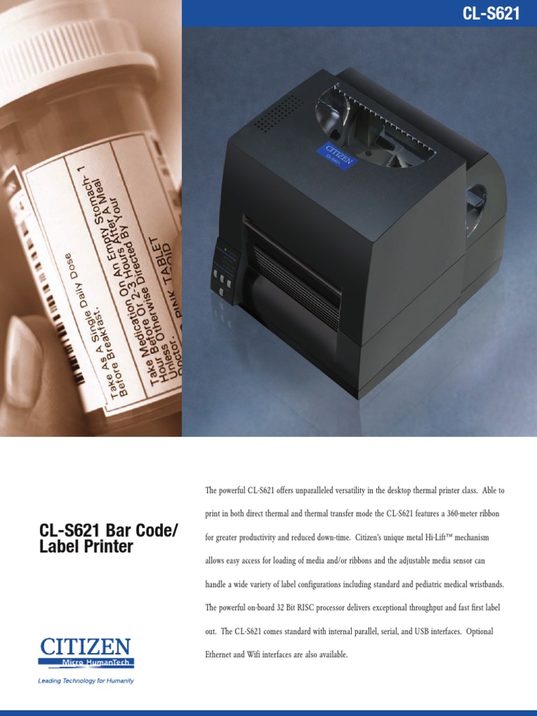 CL S621 Data Sheet | PDF | Barcode | Printer (Computing)