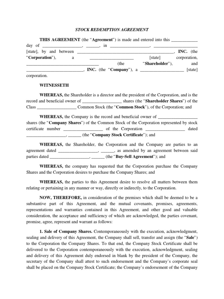 Stock Redemption Agreement | PDF | Stocks | Board Of Directors