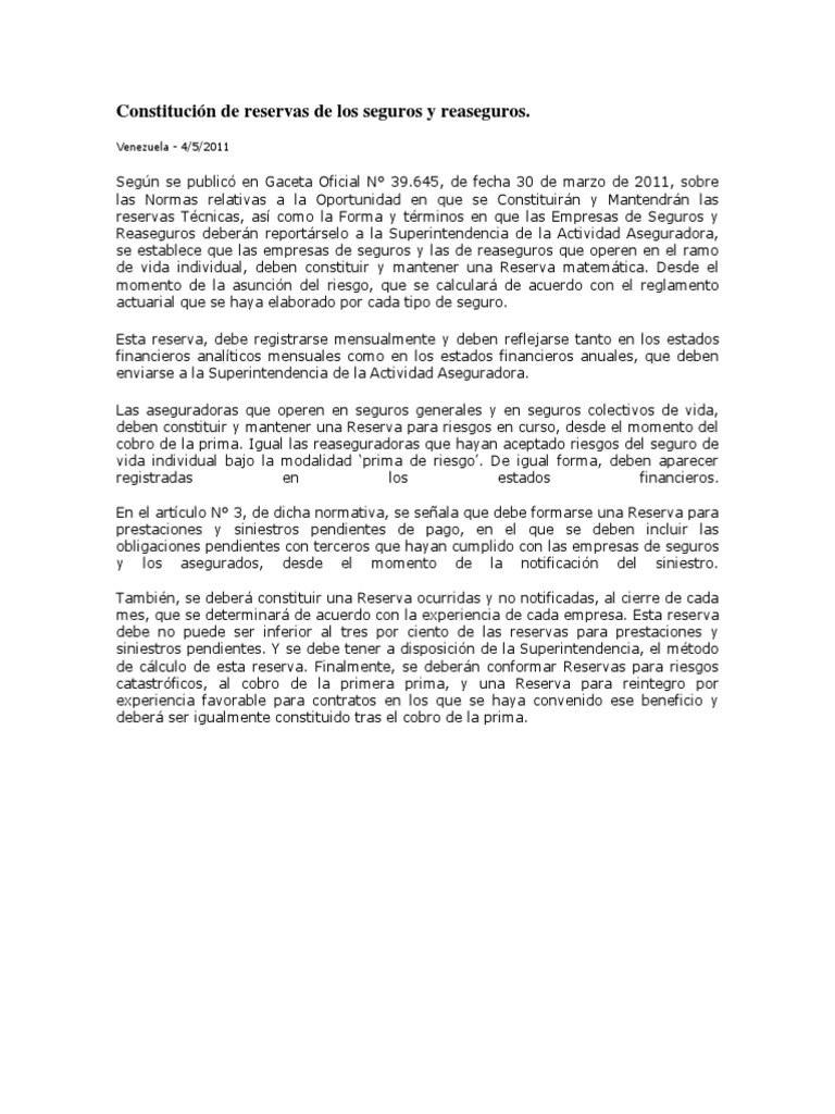 Constitución de Reservas de Los Seguros y Reaseguros | PDF | Negocios | Finanzas y dinero