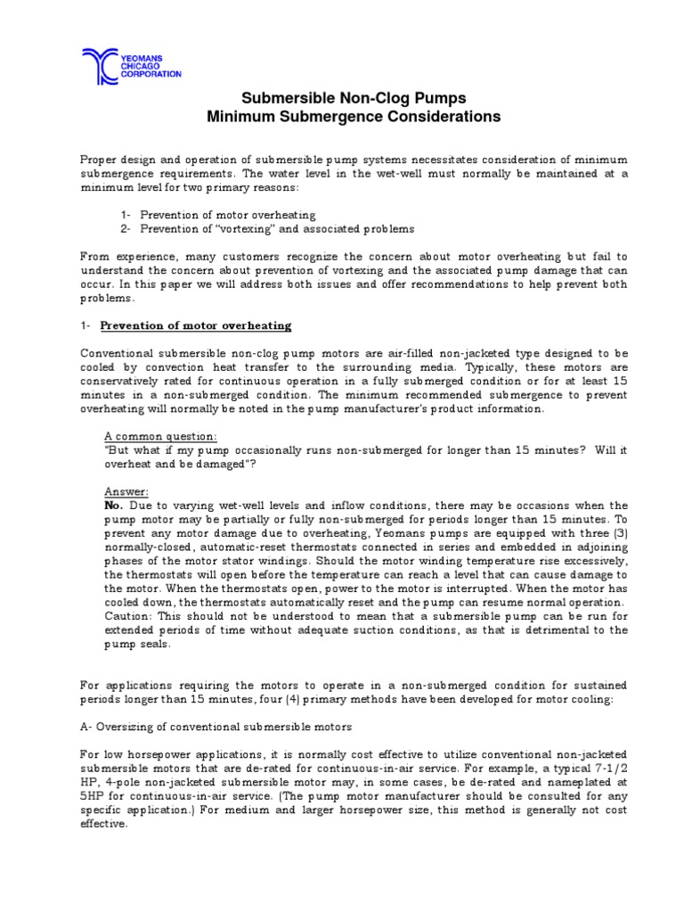 Submersible Non-Clog Pumps Minimum Submergence Considerations | PDF ...