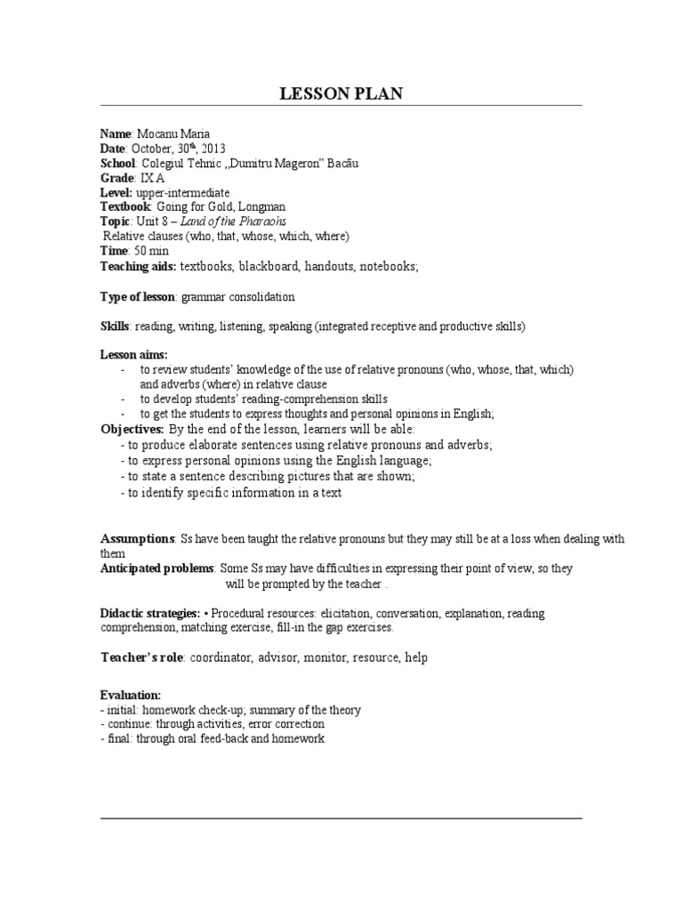 Grammar Lesson: Relative Clauses | PDF | Teaching | Communication