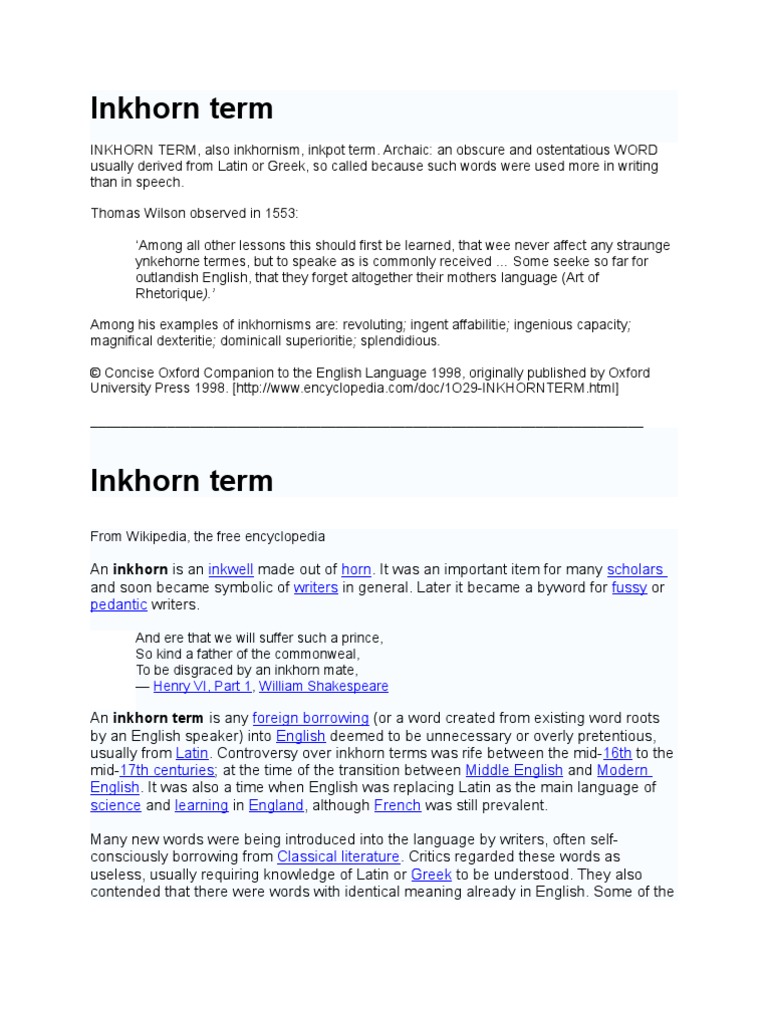 Inkhorn Term (Definition & Wikipedia Article) | PDF | Linguistics ...