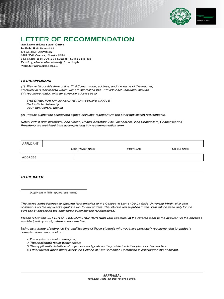 Letter of Recommendation: Graduate Admissions Office | PDF ...