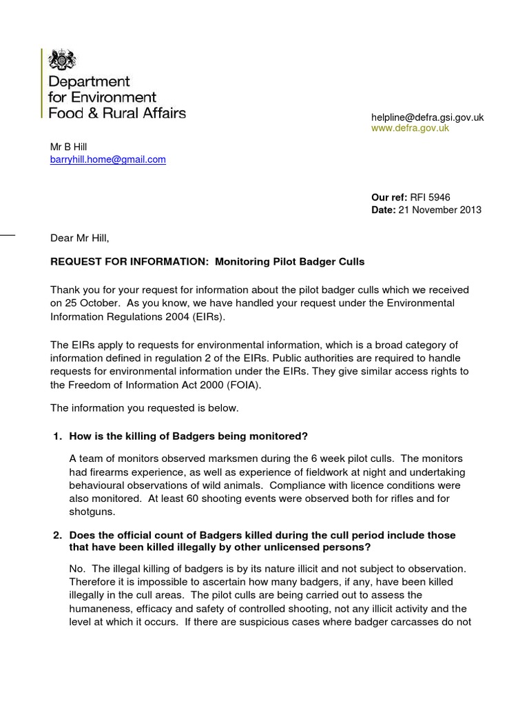 DEFRA - Response to FOI Request | Freedom Of Information Act (United ...