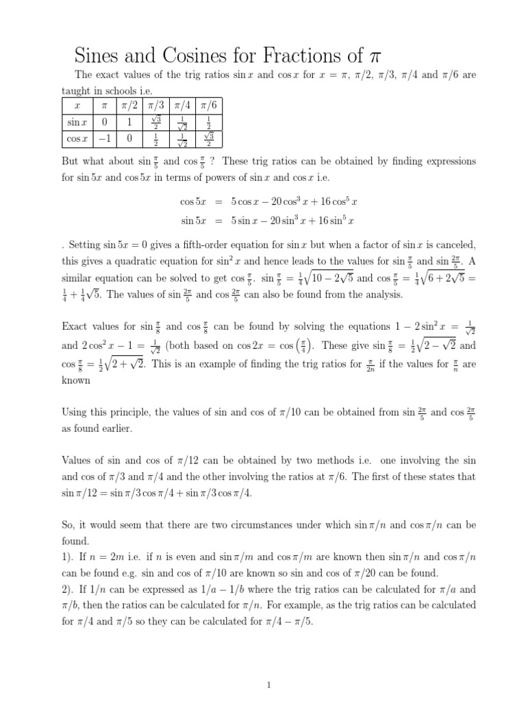 Sines and Cosines for Fractions of π | PDF | Sine | Trigonometric Functions