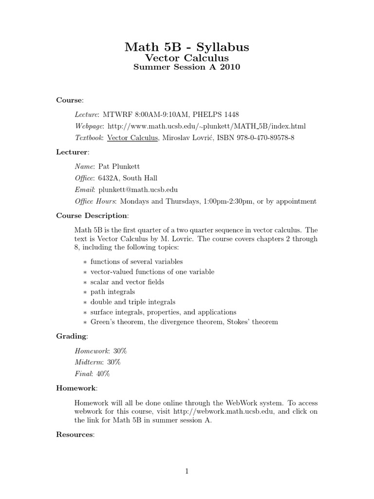 Math 5B - Syllabus: Vector Calculus | PDF | Vector Calculus | Homework