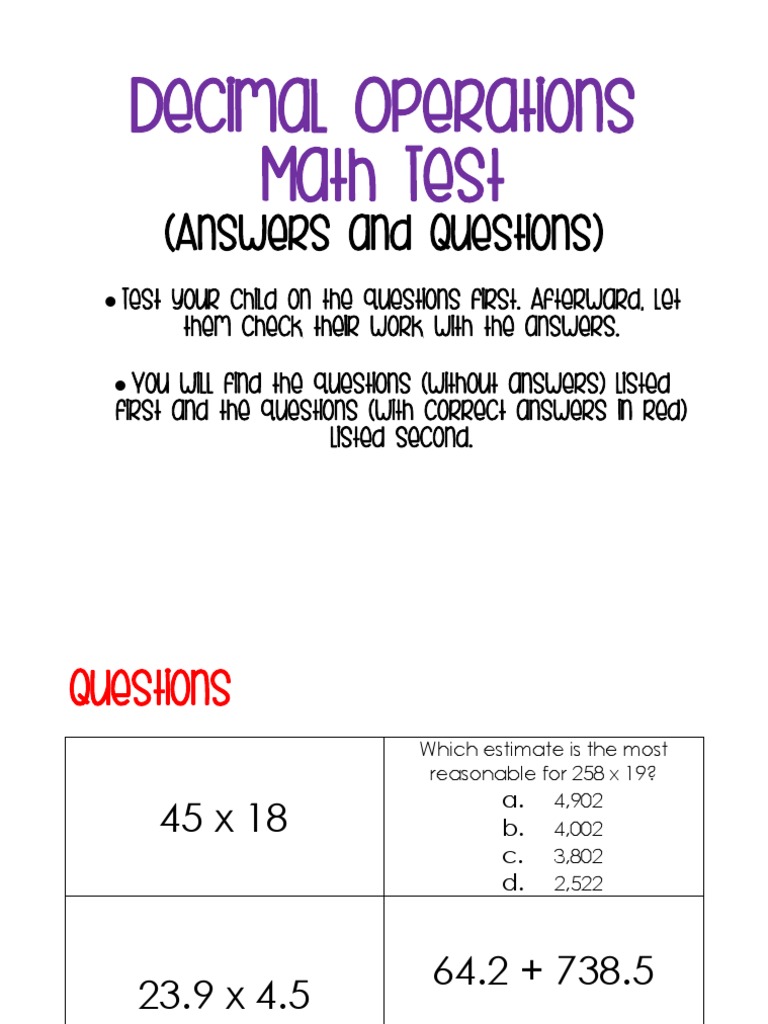Decimal Operations Test with Answers | PDF | Division (Mathematics ...