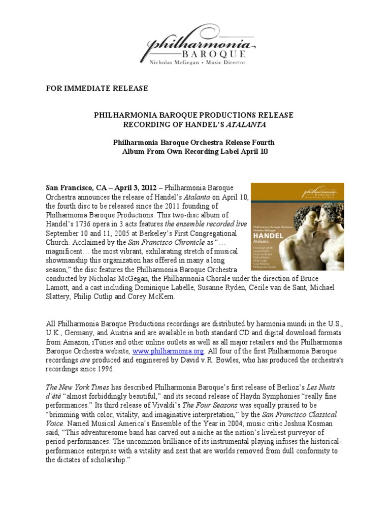 Release of Handel's Atalanta Album | PDF | Orchestras | Classical Music
