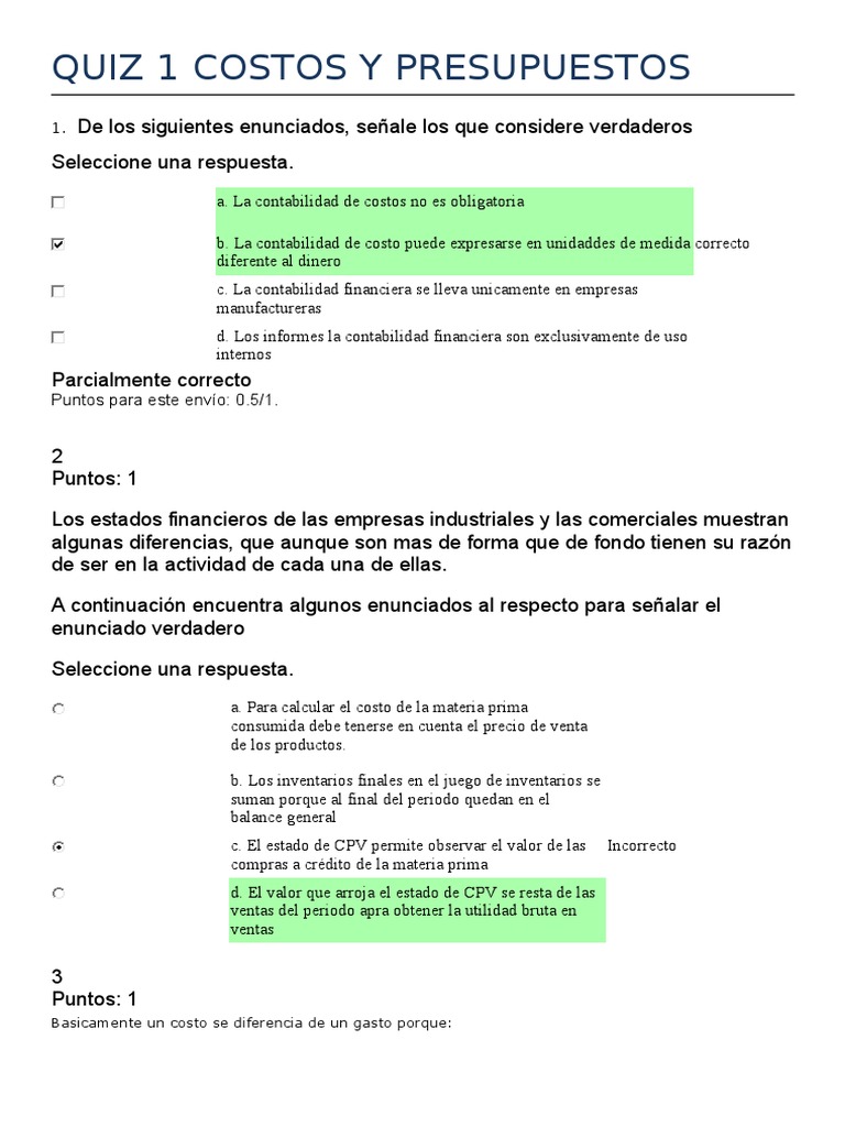 Quiz 1 Costos y Presupuestos | Descargar gratis PDF | Costo | Contabilidad