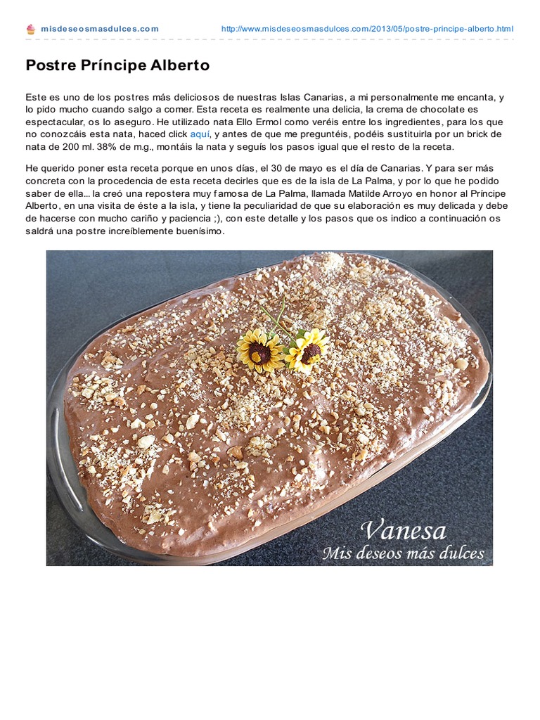 Receta del Postre Príncipe Alberto | PDF | Crema | Postres
