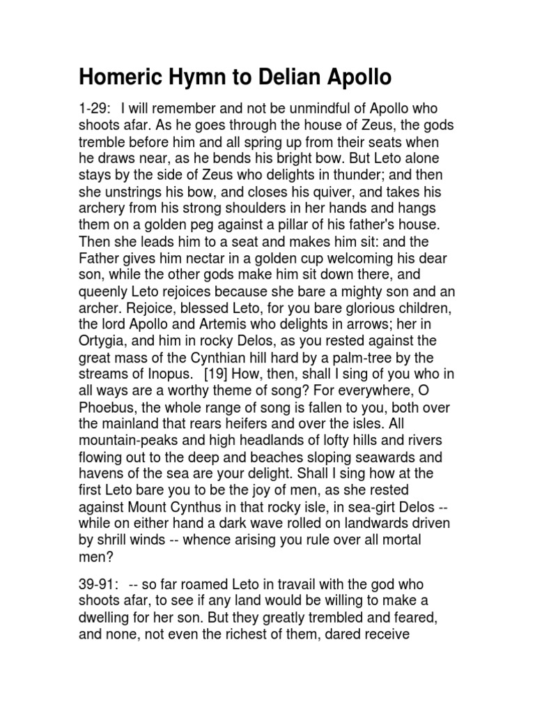 Homeric Hymn To Delian Apollo | Apollo | Hera