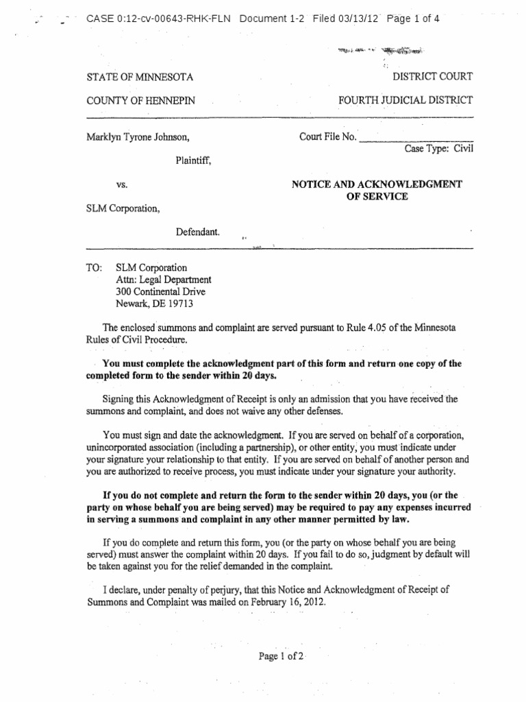 OCR SLM Corporation Notice of Acknowledgement of Service | PDF ...