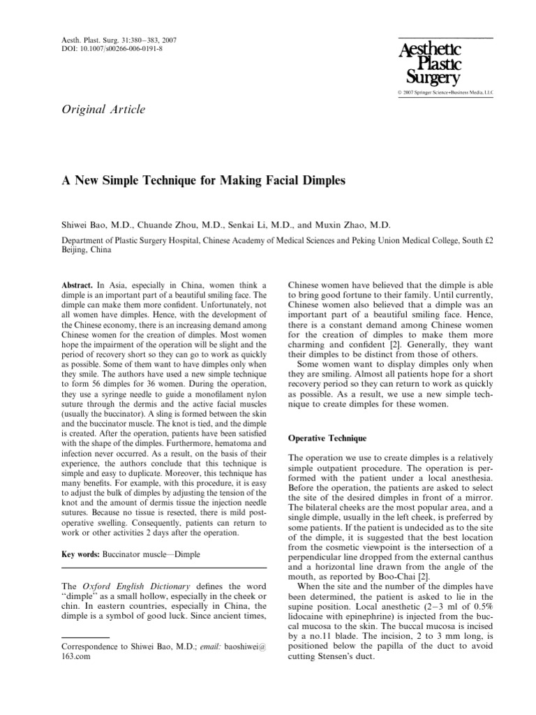 Simple Technique for Facial Dimples | PDF | Surgical Suture | Injection ...