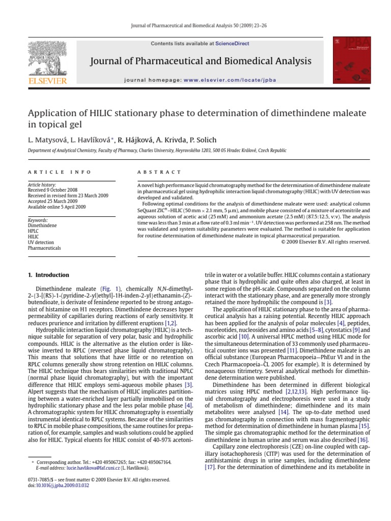 Application of HILIC Stationary Phase To Determination of Dimethindene ...
