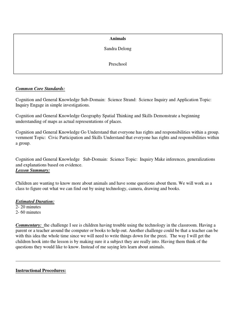 Preschool Animal Inquiry Lesson Plan | PDF | Lesson Plan | Cognition