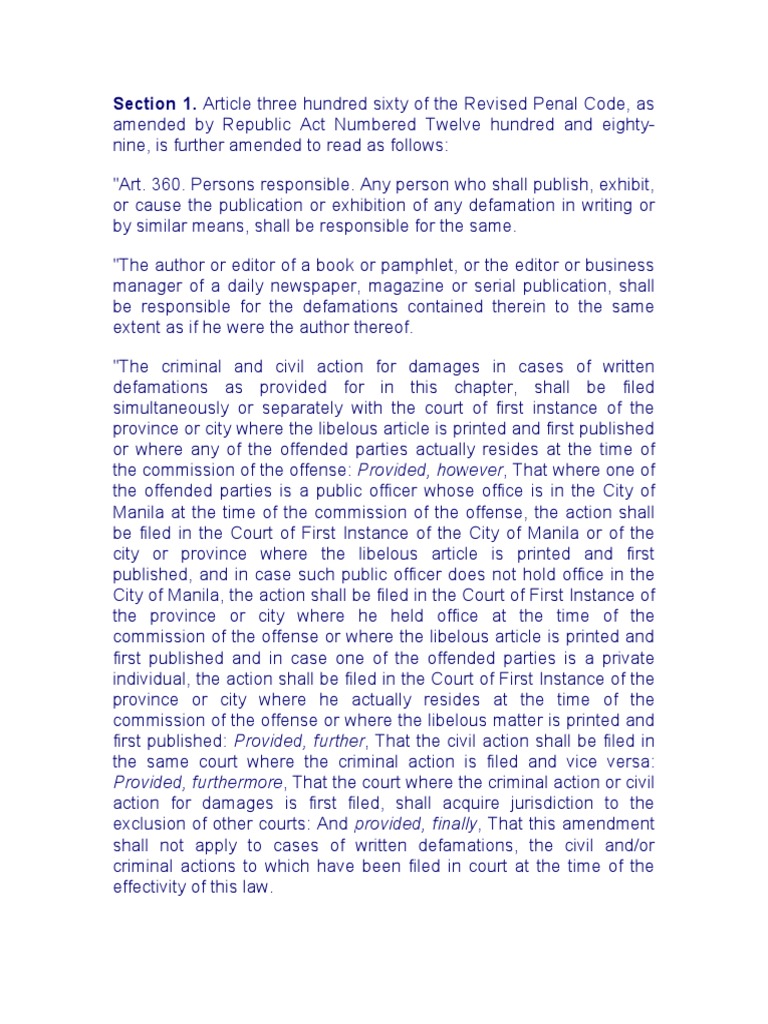 Section 1. Article Three Hundred Sixty of The Revised Penal Code, As ...