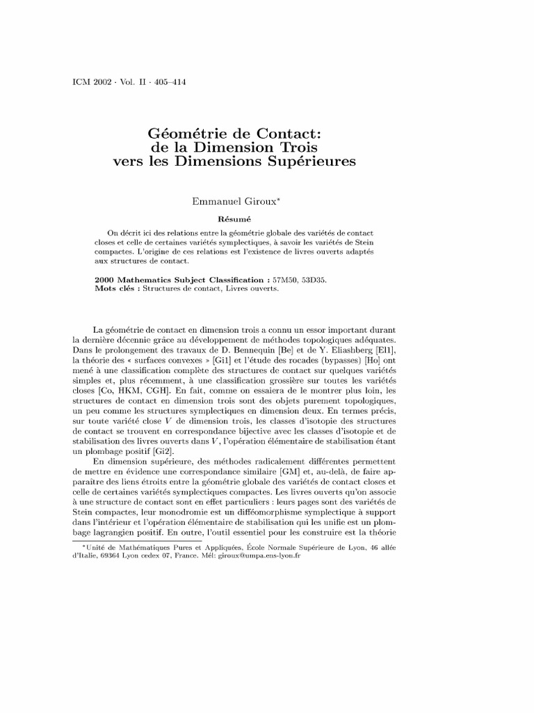 Giroux - Géométrie de Contact de La Dimension Trois Vers Les Dimensions ...