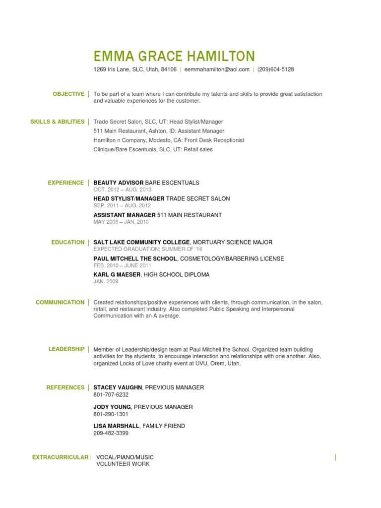 Emma Hamilton's Professional Resume | PDF