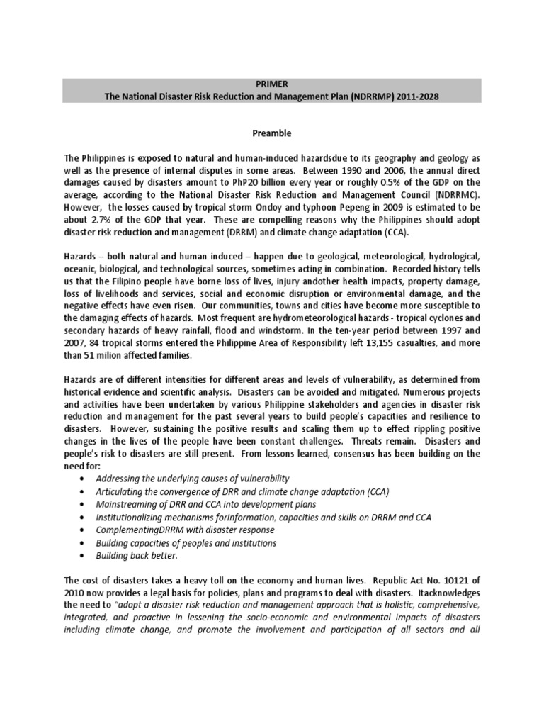 NDRRM Plan 2011 2028 Primer | PDF | Disaster Risk Reduction | Emergency ...
