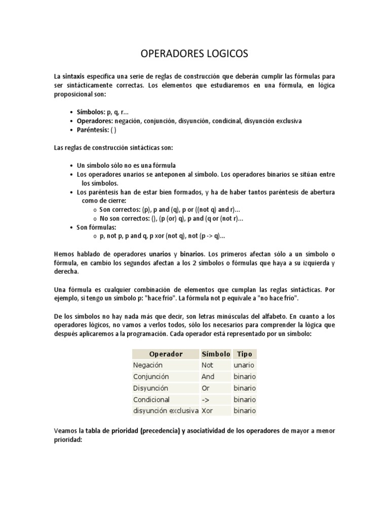 Operadores Logicos | PDF | Fórmula | Expresiones lógicas