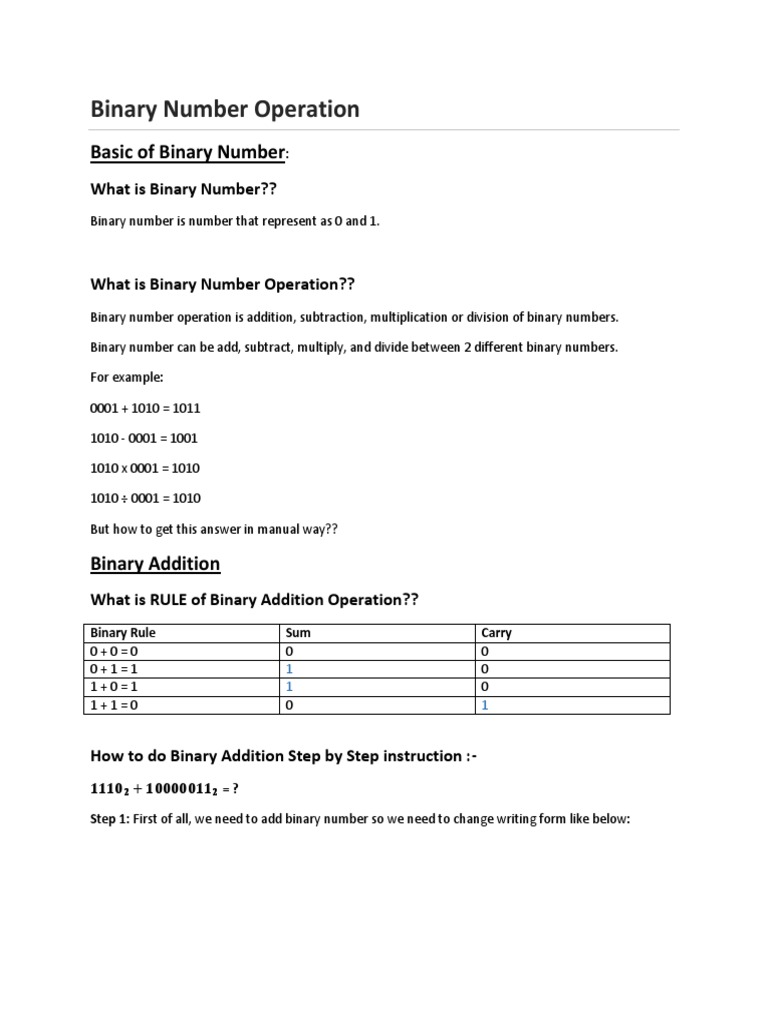 Binary Number Operation | PDF | Multiplication | Subtraction