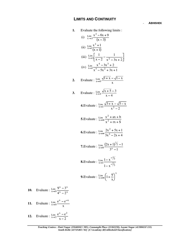 LIMITS AND CONTINUITY EVALUATION | PDF | Slope | Mathematical Concepts