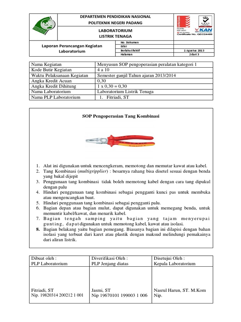 SOP Peralatan Kategori 1 | PDF