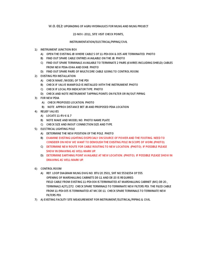 Site Visit Checklist - Sample | Cable | Valve