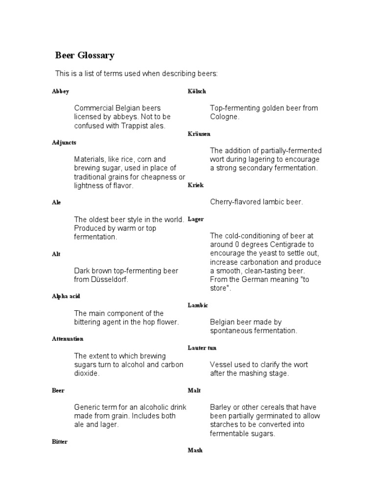 Beer Glossary | PDF | Beer | Brewing