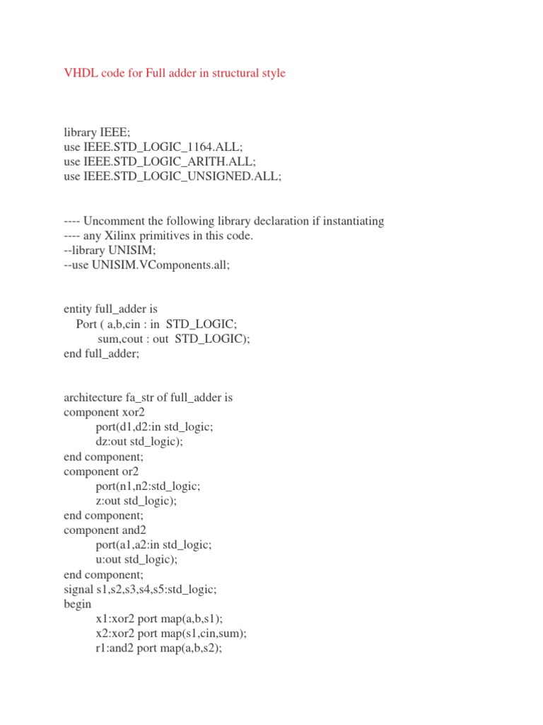 VHDL Code For Full Adder | PDF | Vhdl | Institute Of Electrical And Electronics Engineers