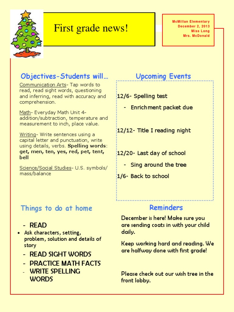 First Grade December Newsletter | PDF