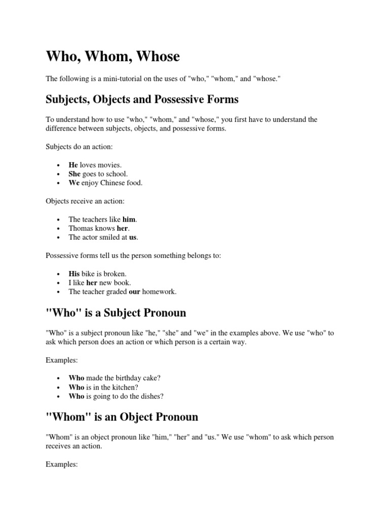 Who, Whom, Whose: Subjects, Objects and Possessive Forms | PDF ...