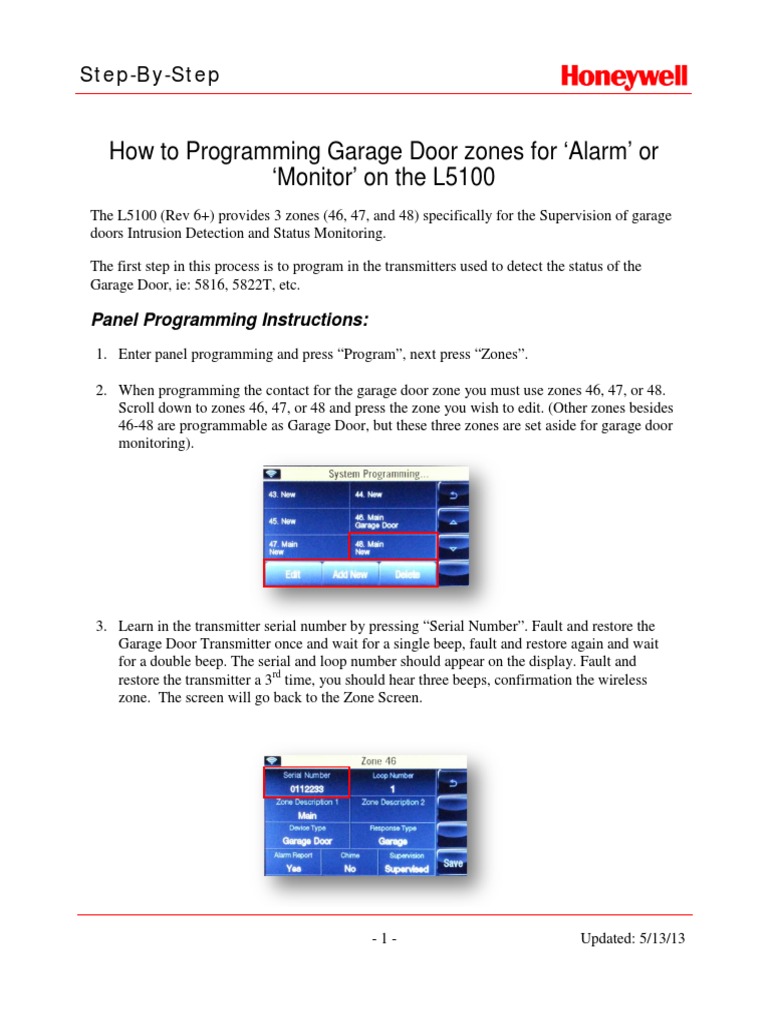 Honeywell L5100 Garage Door Zone Programming Guide | PDF | Door ...