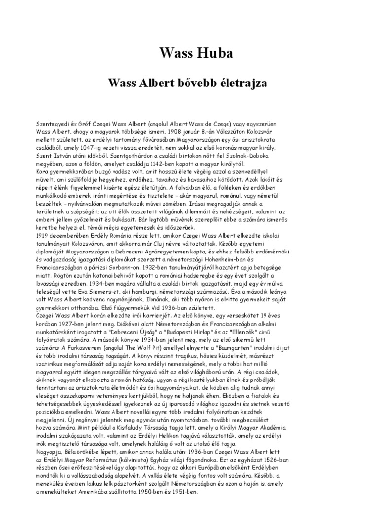Wass Huba - Wass Albert Bővebb Életrajza | PDF