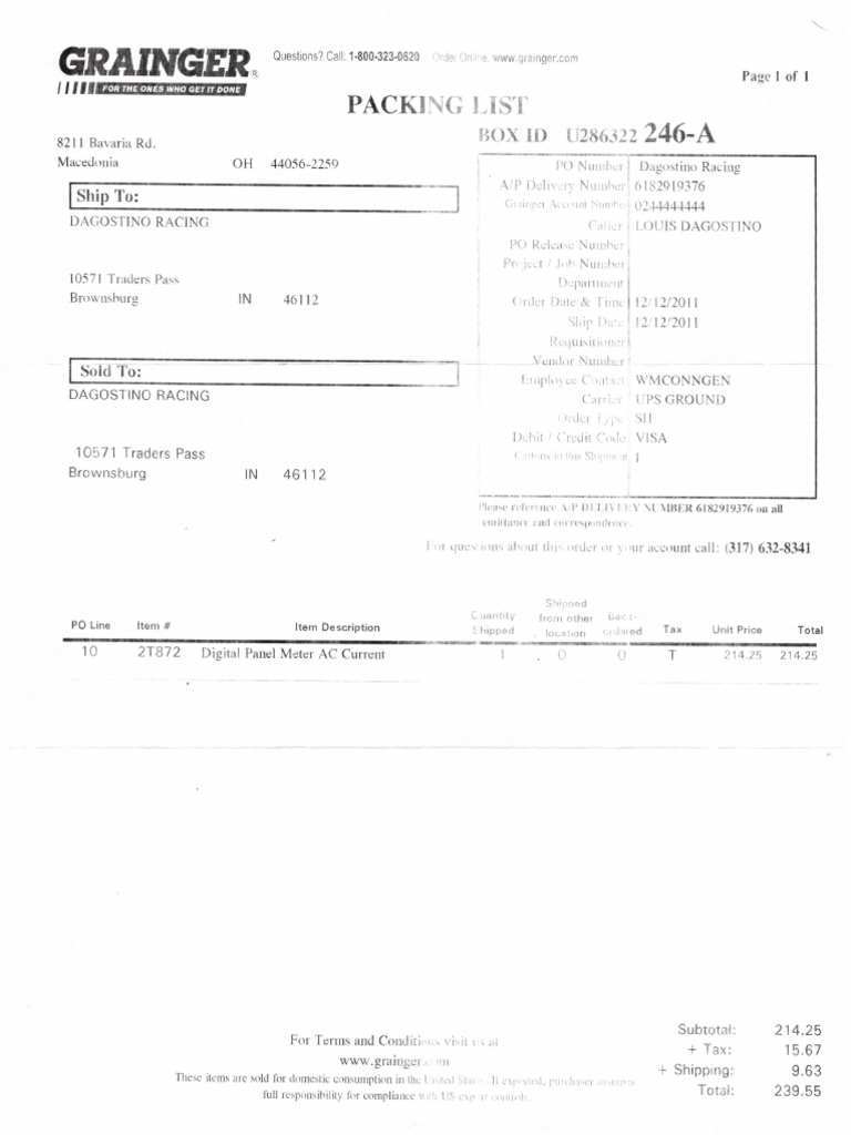 Grainger Packing List | PDF | Business | Home & Garden
